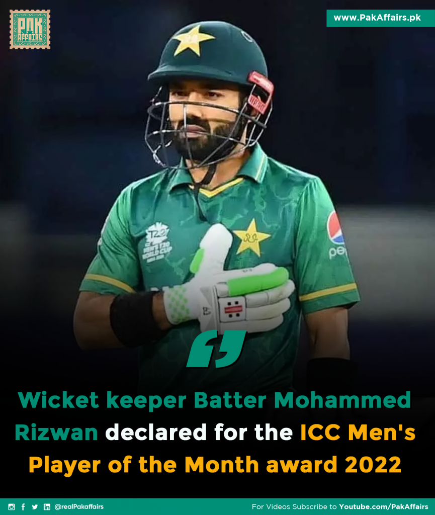 Wicket-keeper Batter Mohammed Rizwan declared for the ICC Men's Player ...